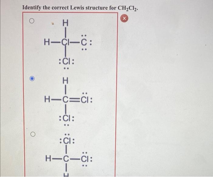 Solved Identify the correct Lewis structure for CH₂Cl₂. X S | Chegg.com