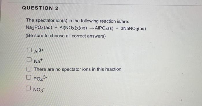 Solved QUESTION 2 The spectator ion(s) in the following | Chegg.com