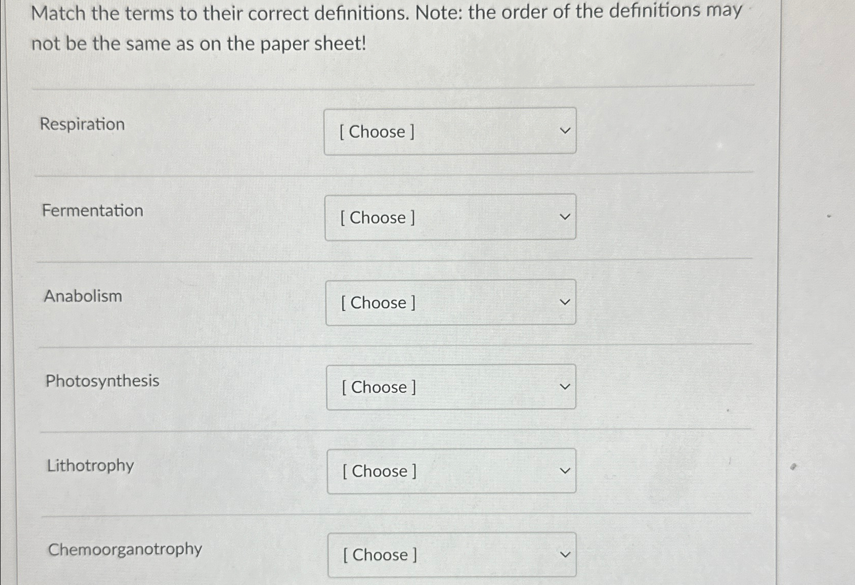 Solved Match The Terms To Their Correct Definitions Note