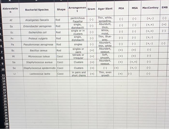 Solved MSA PEA Abbreviatio n Arrangemen Gram Agar Slant | Chegg.com