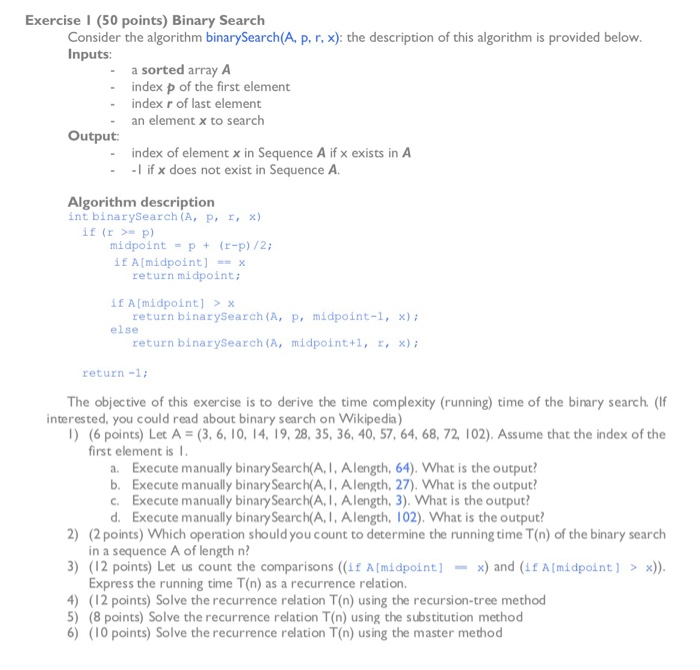 Solved Exercise I (50 points) Binary Search Consider the | Chegg.com