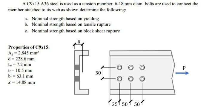 Solved A C9x15 A36 steel is used as a tension member. 6-18 | Chegg.com