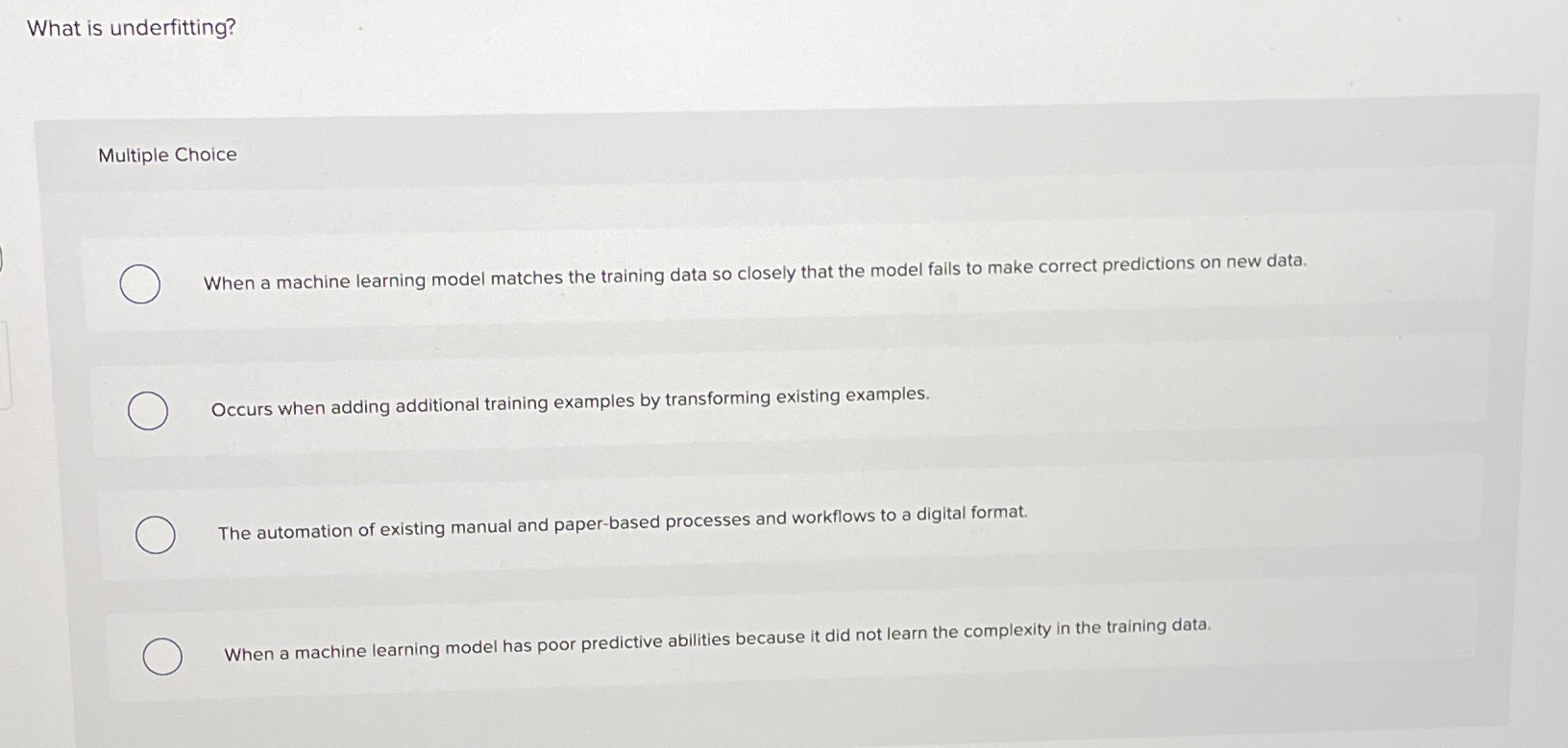 Solved What is underfitting?Multiple ChoiceWhen a machine | Chegg.com