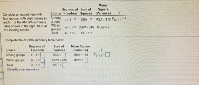 Solved Mean Degrees of Sum of Square Consider an experiment | Chegg.com