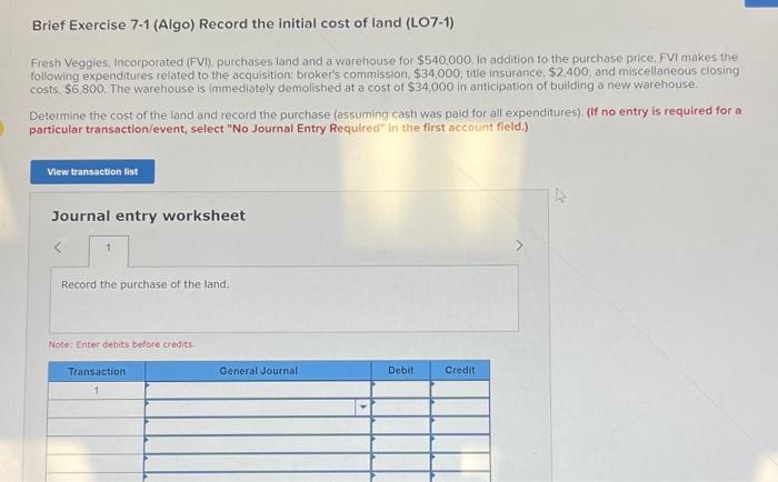 Solved Brief Exercise 7-1 (Algo) Record the initial cost of | Chegg.com