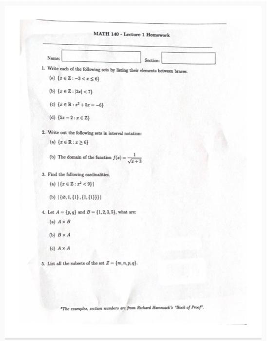 Solved Math 140 Lecture 1 Homework Name Section 1 Write