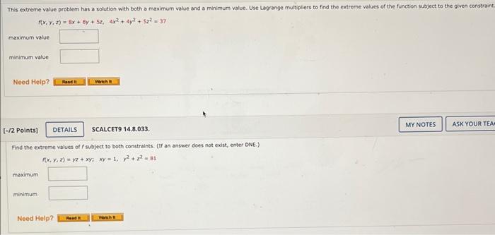 Solved This extreme value problem has a solution with both a | Chegg.com