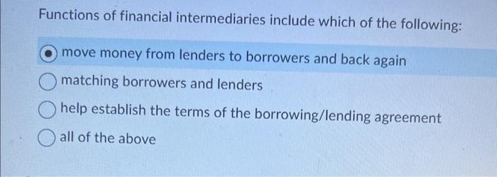 Solved Functions of financial intermediaries include which | Chegg.com