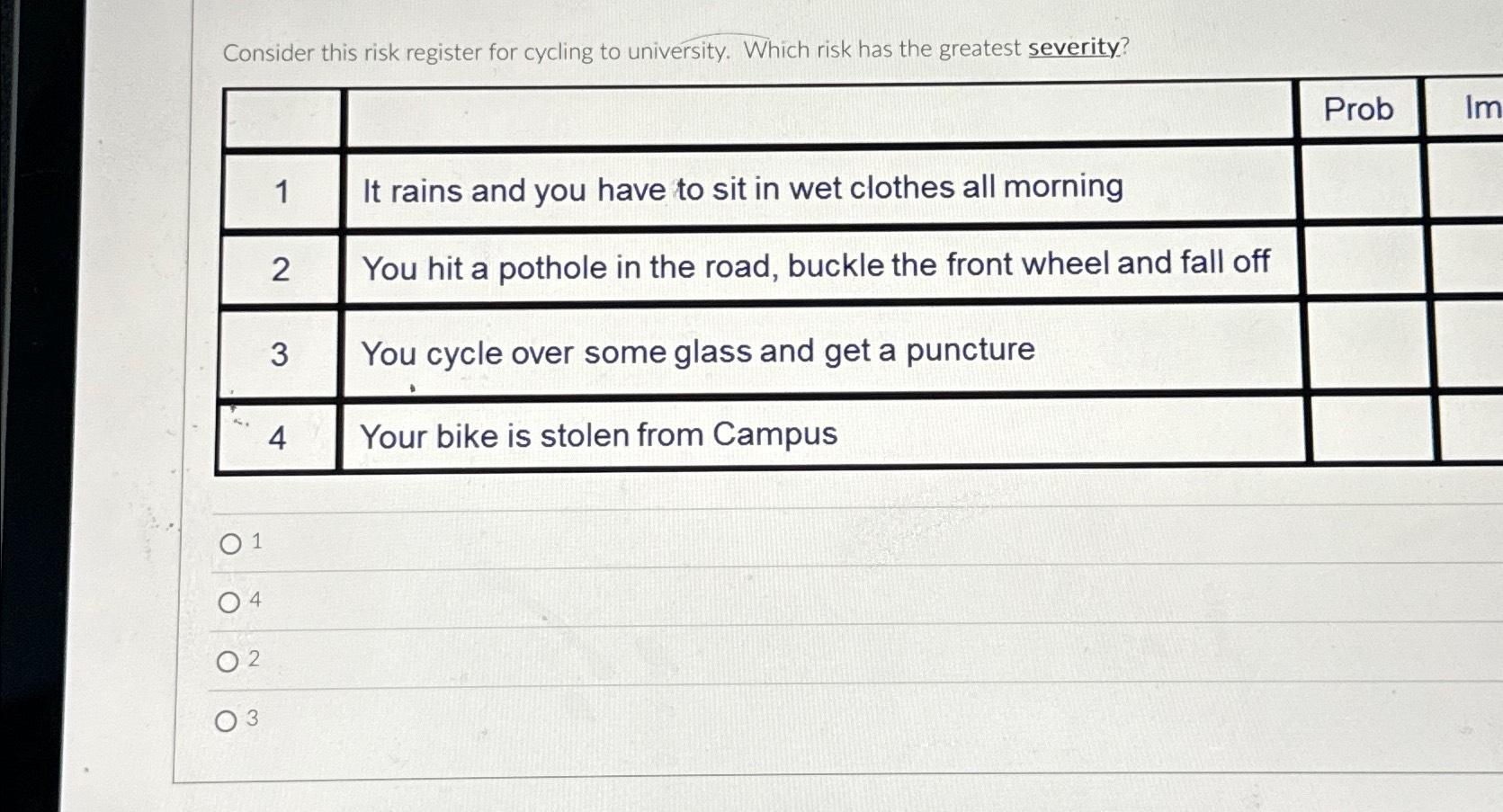 Solved Consider this risk register for cycling to | Chegg.com
