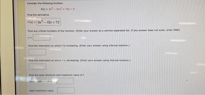 Solved Consider the following function. f(x)=2x3−21x2+72x−6 | Chegg.com