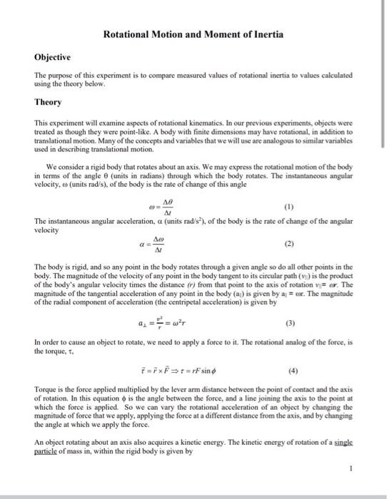 Solved Rotational Motion and Moment of Inertia Objective The | Chegg.com