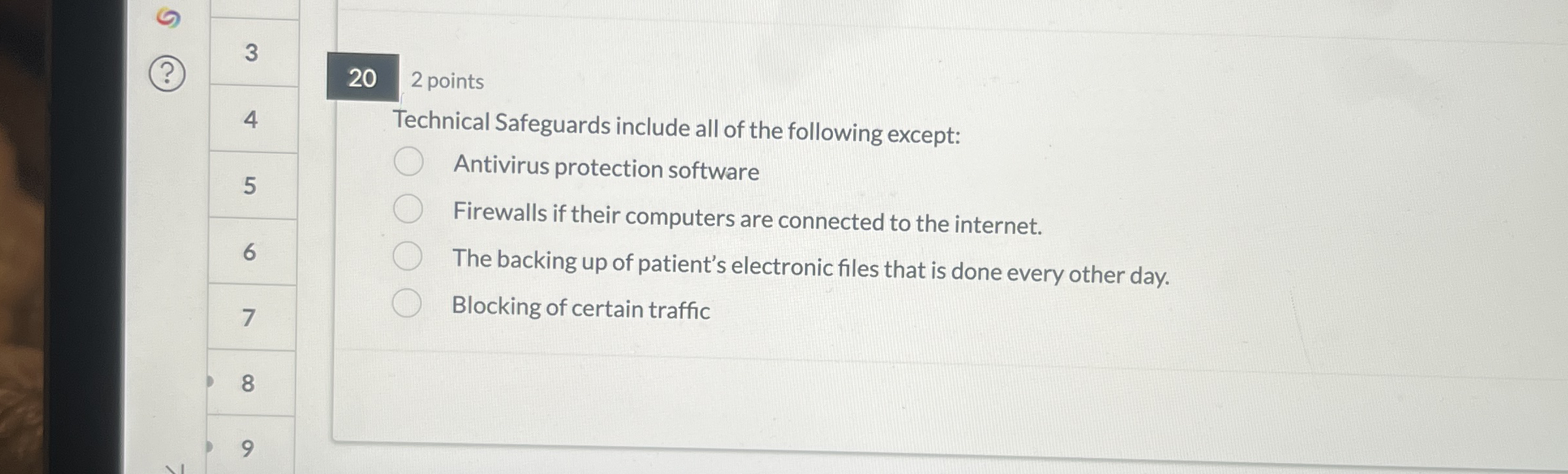 Solved 202 ﻿points4Technical Safeguards include all of the | Chegg.com