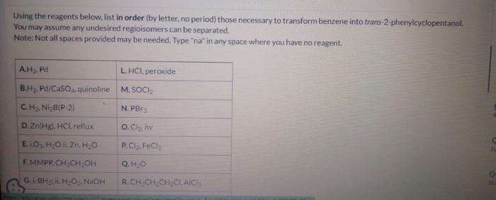 Solved Using the reagents below, list in order (by letter, | Chegg.com