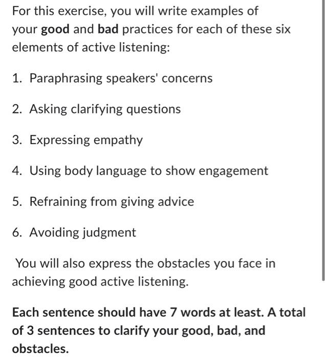 For this exercise, you will write examples of your | Chegg.com
