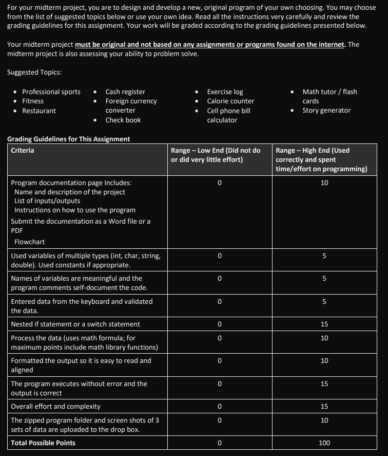 Solved For your midterm project, you are to design and | Chegg.com