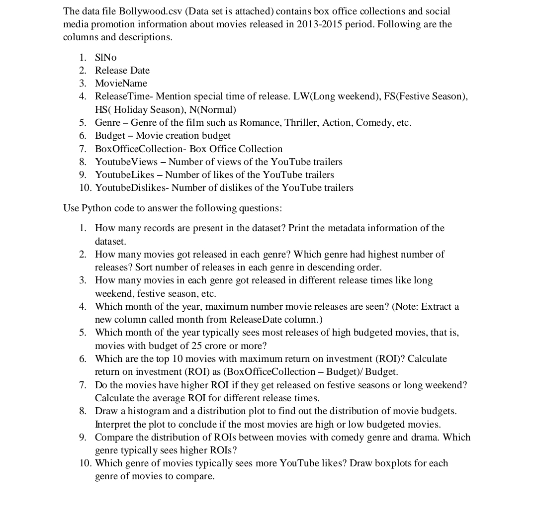 Solved The data file Bollywood.csv (Data set is attached) | Chegg.com