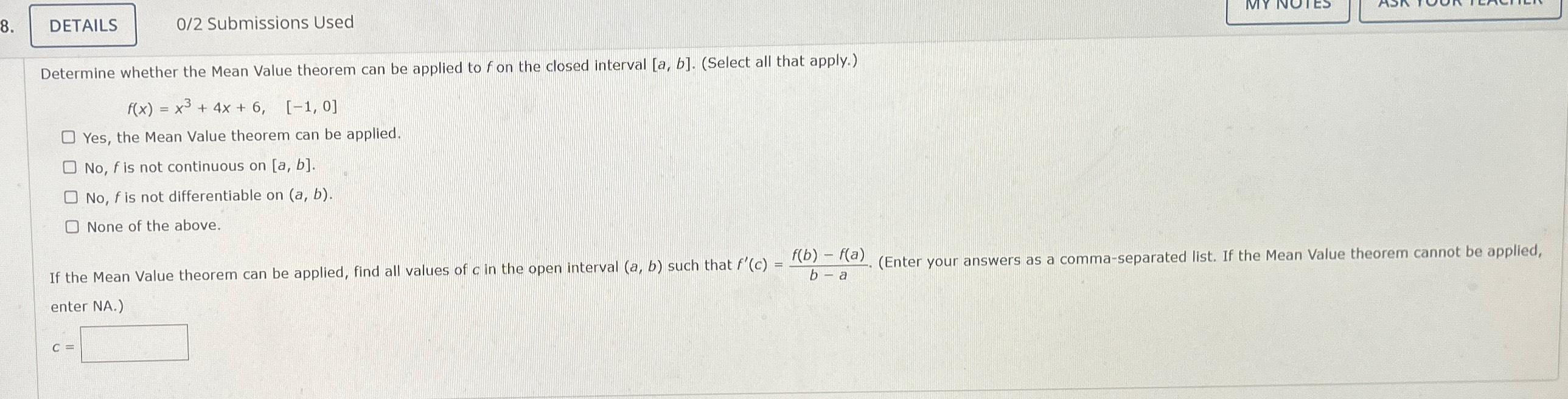Solved 0/2 ﻿Submissions UsedDetermine whether the Mean Value | Chegg.com