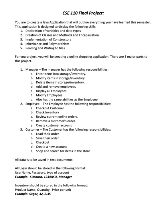 Solved CSE 110 Final Project: You are to create a Java | Chegg.com