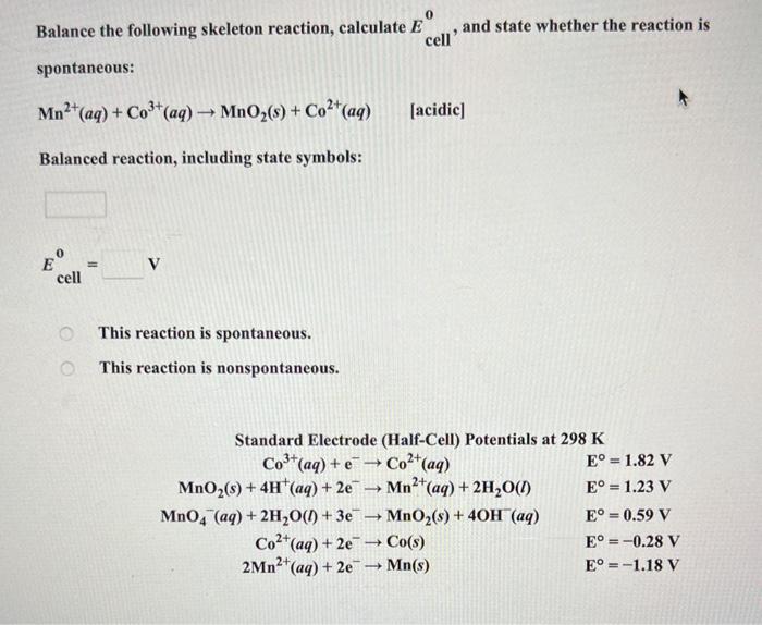 Solved Balance the following skeleton reaction, calculate | Chegg.com