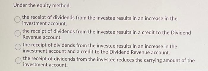 Solved Under the equity method, the receipt of dividends | Chegg.com