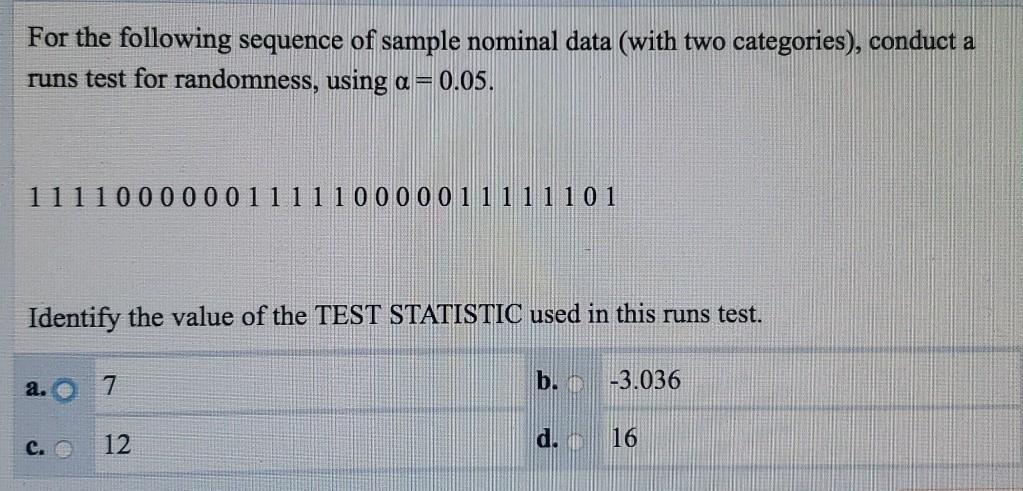 Solved For the following sequence of sample nominal data | Chegg.com