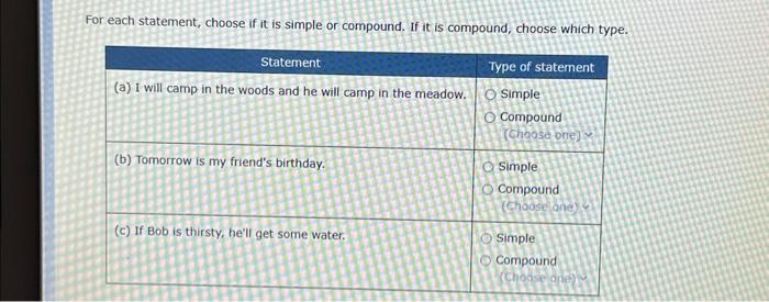 Solved For each statement, choose if it is simple or | Chegg.com