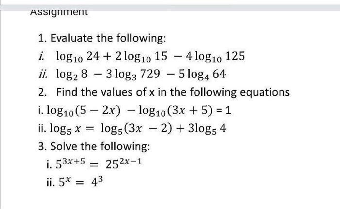 Solved Assignment 1. Evaluate the following: i log10 24 + 2 | Chegg.com