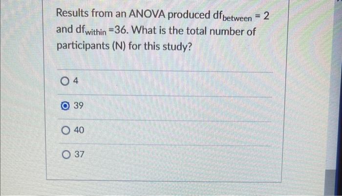 Solved Results from an ANOVA produced dfbetween =2 and | Chegg.com