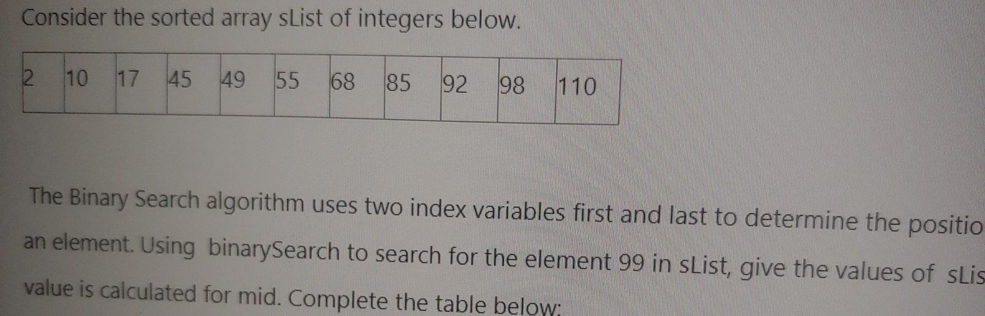 Solved Consider the sorted array sList of integers below. | Chegg.com