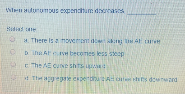 Solved When autonomous expenditure decreases, Select one: O | Chegg.com