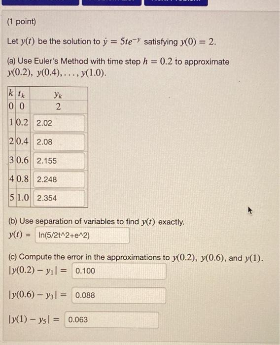 Solved (1 point) Let y(t) be the solution to y˙=5te−y | Chegg.com Solved (1 point) Let y(t) be the solution to y˙=5te−y | Chegg.com