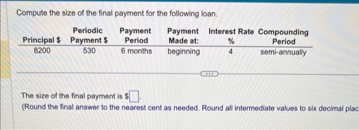Solved Compute the size of the final payment for the | Chegg.com