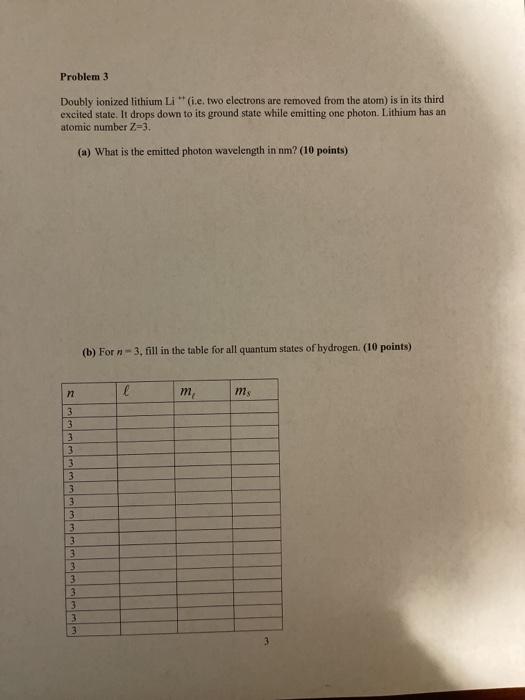 Solved Problem 3 Doubly ionized lithium Li Ci.e. two | Chegg.com
