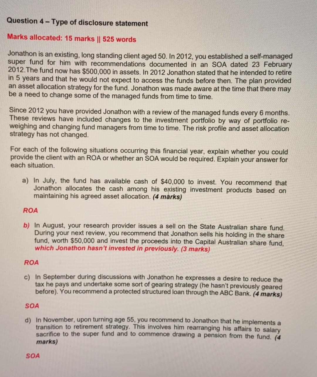 Question 4-Type of disclosure statement Marks | Chegg.com