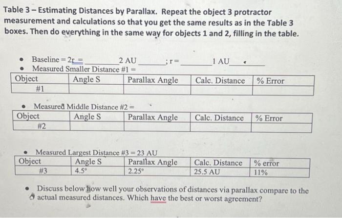 Solved Table 3 - Estimating Distances by Parallax. Repeat | Chegg.com
