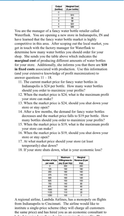 Solved Output (bottles) Marginal Cost per bottle) You are | Chegg.com