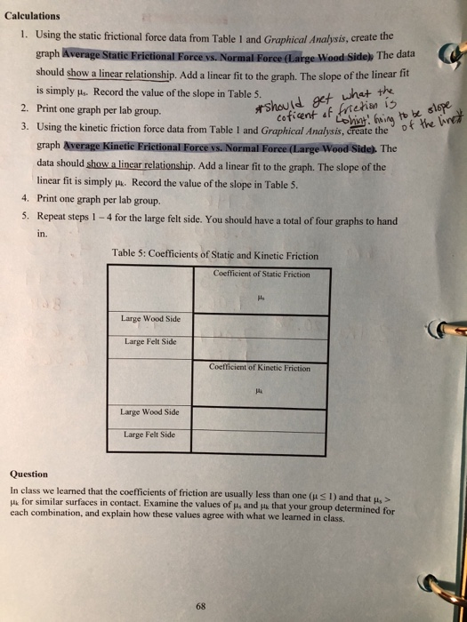 Solved Table 1: Static and Kinetic Frictional Force (Large | Chegg.com