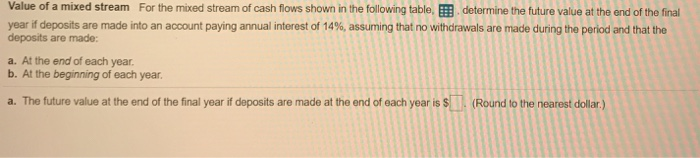 Solved Value of a mixed stream for the mixed stream of cash | Chegg.com