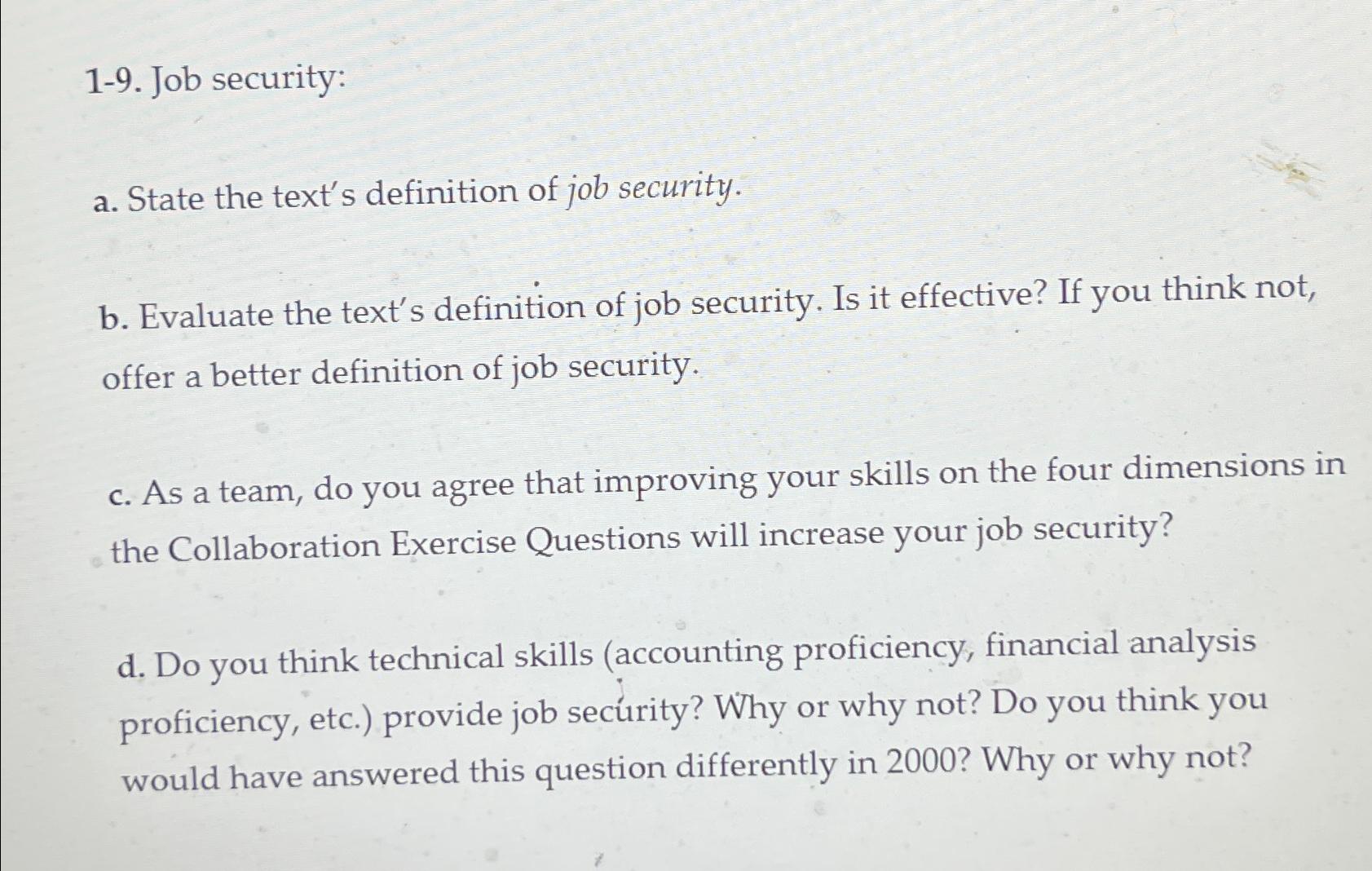 Solved 1-9. ﻿Job security:a. ﻿State the text's definition of | Chegg.com