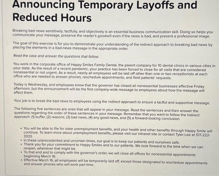Solved Announcing Temporary Layoffs and Reduced Hours | Chegg.com