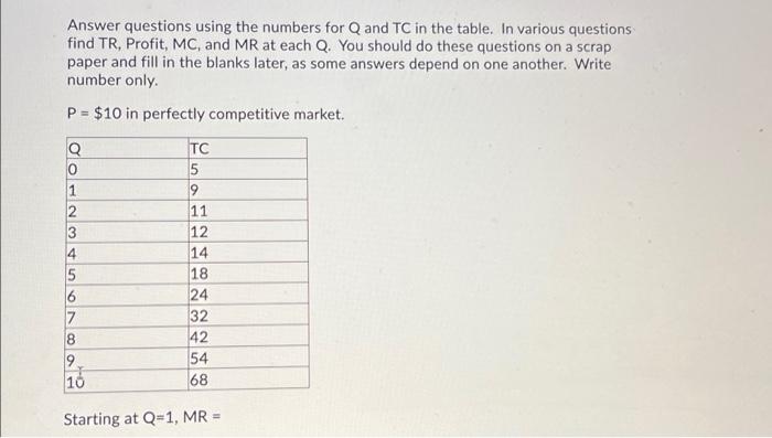 Solved Answer questions using the numbers for Q and TC in | Chegg.com