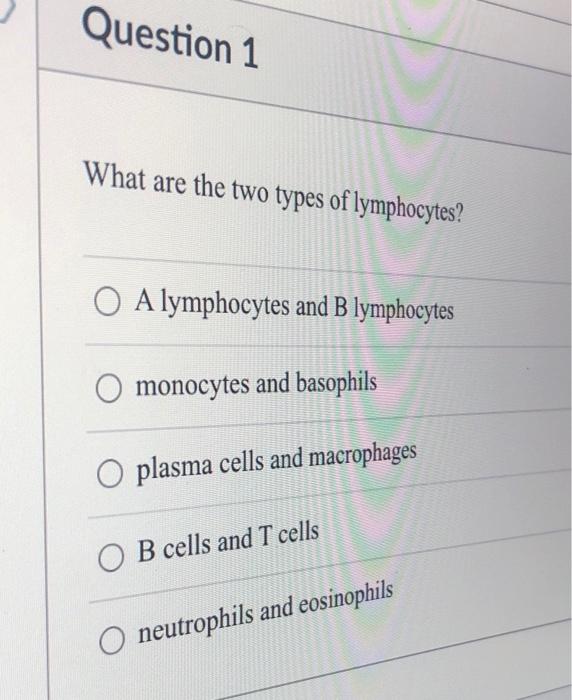 Solved Question 1 What are the two types of lymphocytes? o A | Chegg.com
