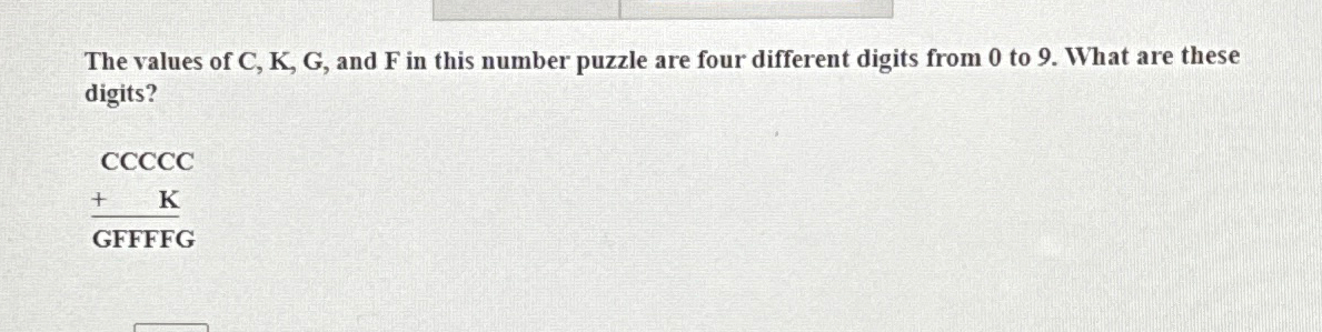 The values of C,K,G, ﻿and F ﻿in this number puzzle | Chegg.com