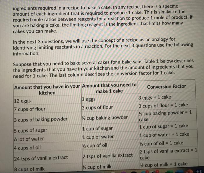 Solved Baking a cake In a chemical reaction, the numbers | Chegg.com