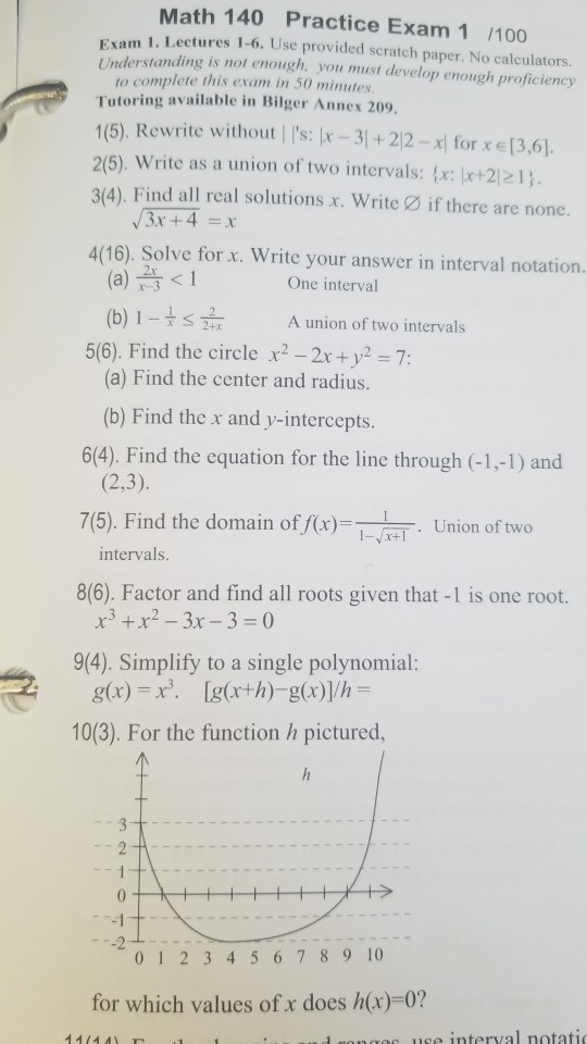 Solved X Math 140 Practice Exam 1 /100 Exam 1. Lectures 1-6. | Chegg.com