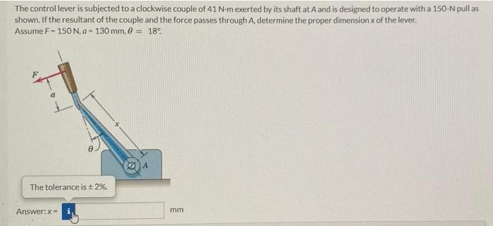 Solved The control lever is subjected to a clockwise couple | Chegg.com