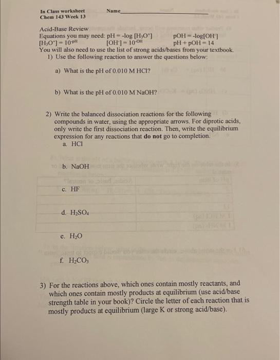 Solved In Class worksheet Name Chem 143 Week 13 Acid-Base | Chegg.com
