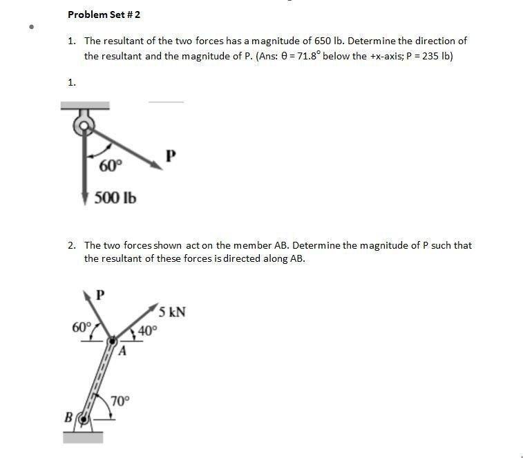 Solved Problem Set #2 1. The resultant of the two forces has | Chegg.com