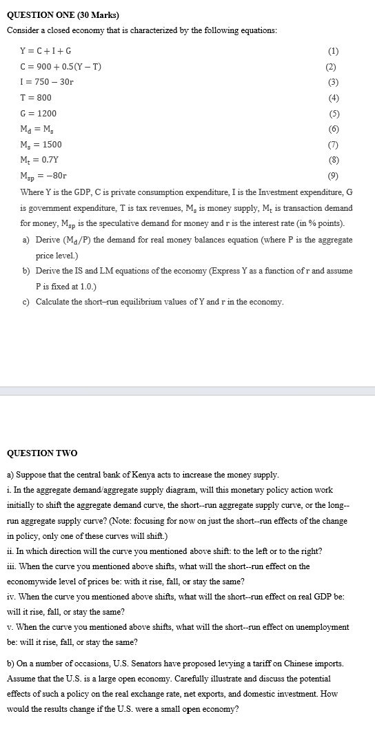 Solved QUESTION ONE (30 Marks)Consider a closed economy | Chegg.com Solved QUESTION ONE (30 Marks)Consider a closed economy | Chegg.com