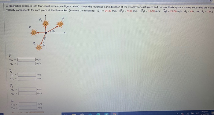 Solved A firecracker explodes into four equal pieces (see | Chegg.com